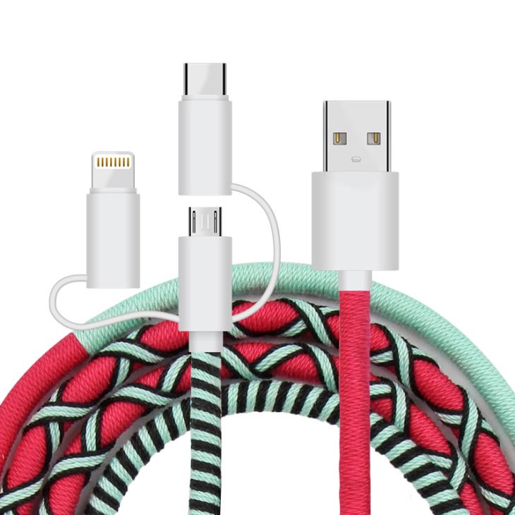 Rope DIY Wrapped Three In One Charging Data Cable - USB Data Charging ...